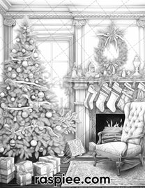40 Christmas Interior Decorations Grayscale Coloring Pages for Adults ...