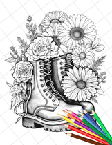 32 Flower Boots Coloring Pages Printable for Adults, Floral Grayscale ...