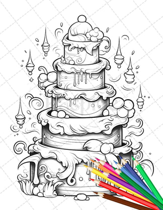 38 Whimsical Cakes Grayscale Coloring Pages for Adults, PDF File Insta ...