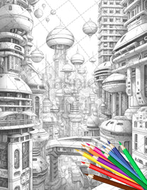 50 Futuristic Metropolis Grayscale Coloring Pages Printable for Adults ...