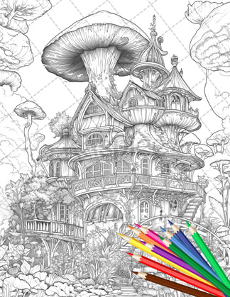 30 Fantasy Fairy Houses Coloring Page Book, Printable Adult Coloring P ...