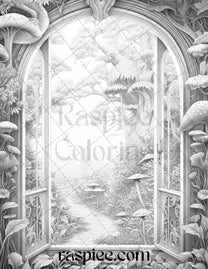40 Window to Fantasy Worlds Grayscale Coloring Pages Printable for Adu ...