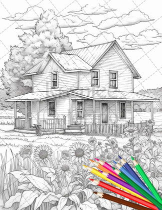 Charming Farmhouse Scenery Grayscale Coloring Pages Printable for Adul ...