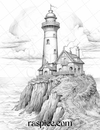 40 Majestic Lighthouses Grayscale Coloring Pages Printable for Adults ...