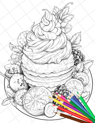 36 Sweet Desserts Coloring Pages Printable for Adults, Grayscale Color ...