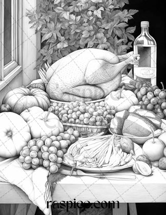 Thanksgiving Dinner Grayscale Coloring Pages for Adults, Relaxing Fall ...