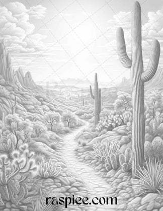 40 Desert Landscapes Grayscale Coloring Pages Printable for Adults, PD ...
