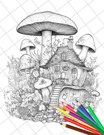 32 Whimsical Mushroom House Coloring Pages for Adults, Grayscale Color ...