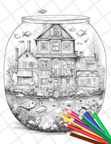 34 Fishtank Houses Coloring Book for Adults, Grayscale Coloring Page ...
