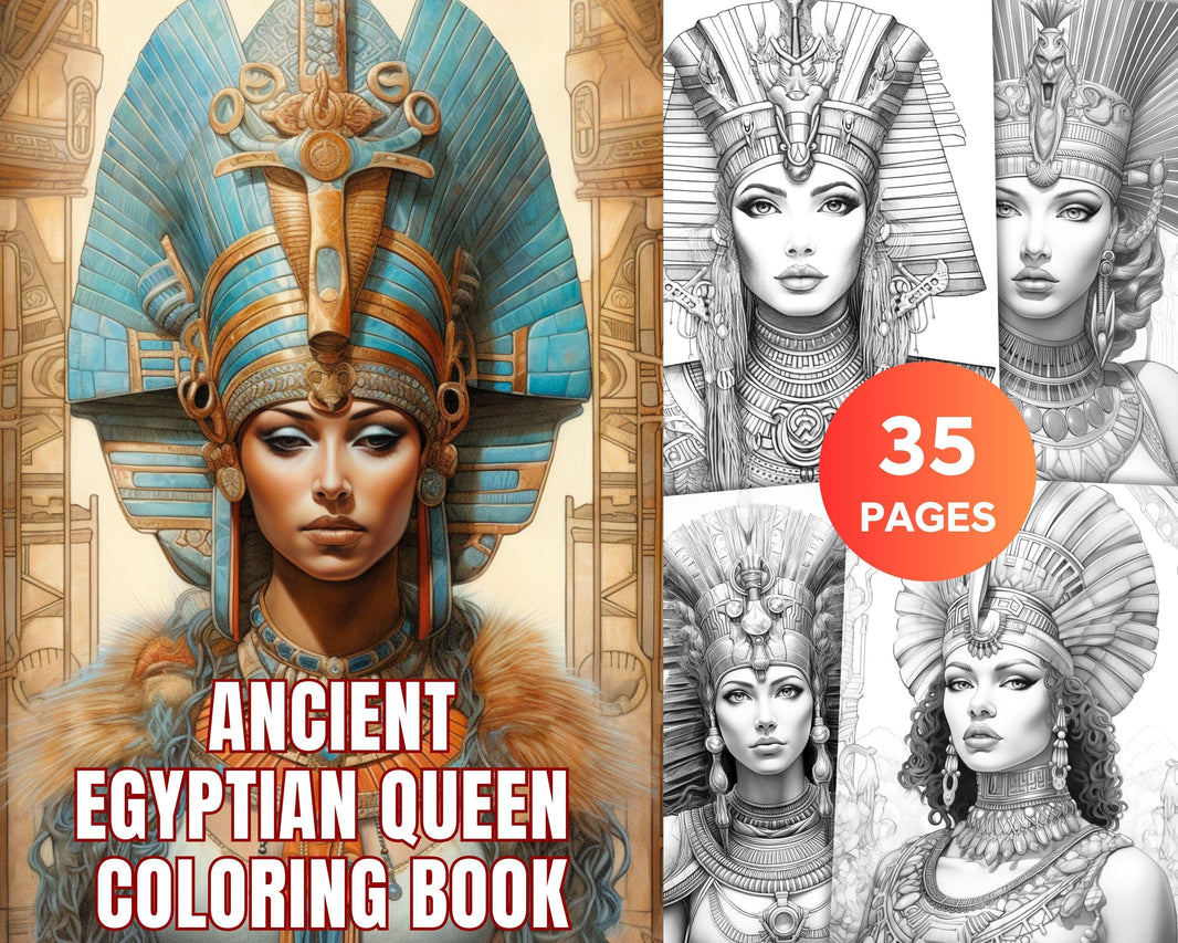 35 Ancient Egyptian Queens Coloring Book Printable for Adults, Graysca