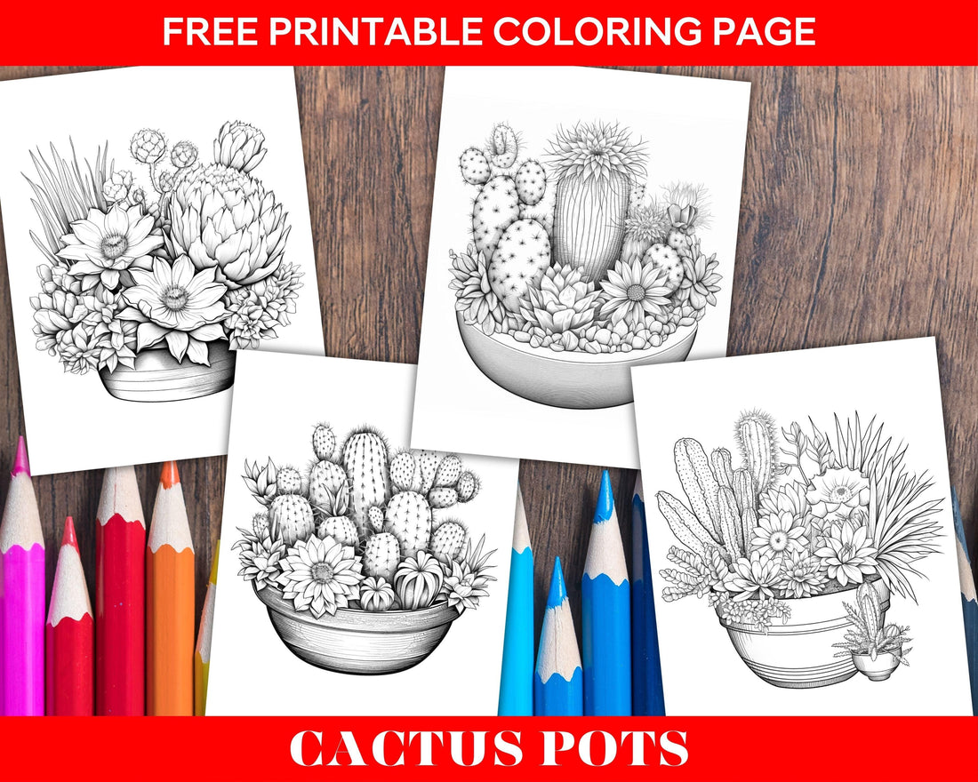 4 Free Printable Cactus Pots Coloring Pages for Adults, Grayscale Colo