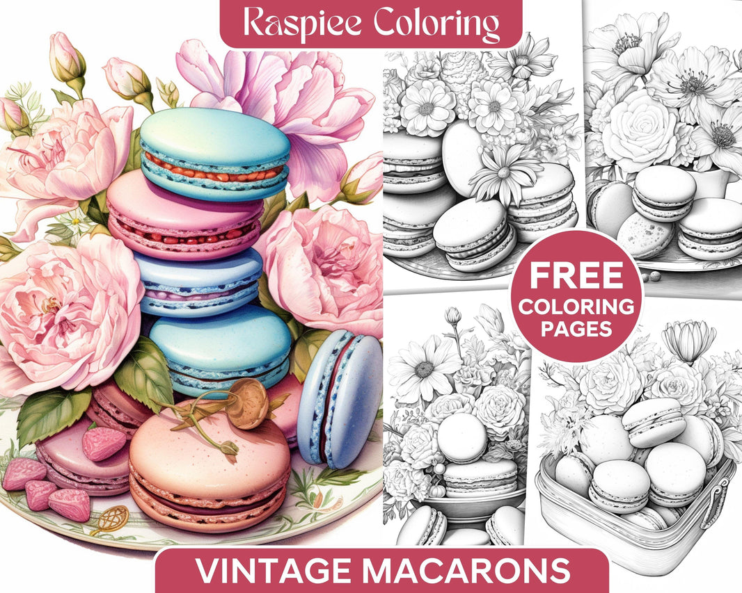 Free Vintage Macarons Grayscale Coloring Pages Printable for Adults, P