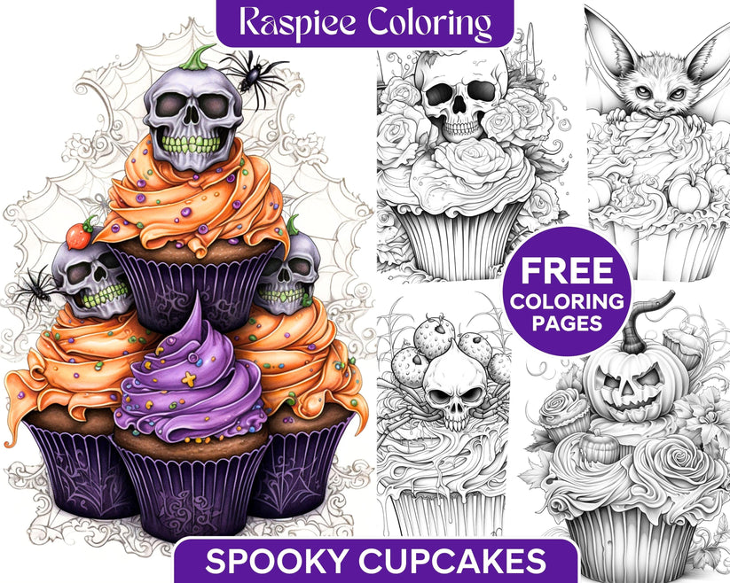 Free Halloween Spooky Cupcakes Grayscale Coloring Pages Printable for ...