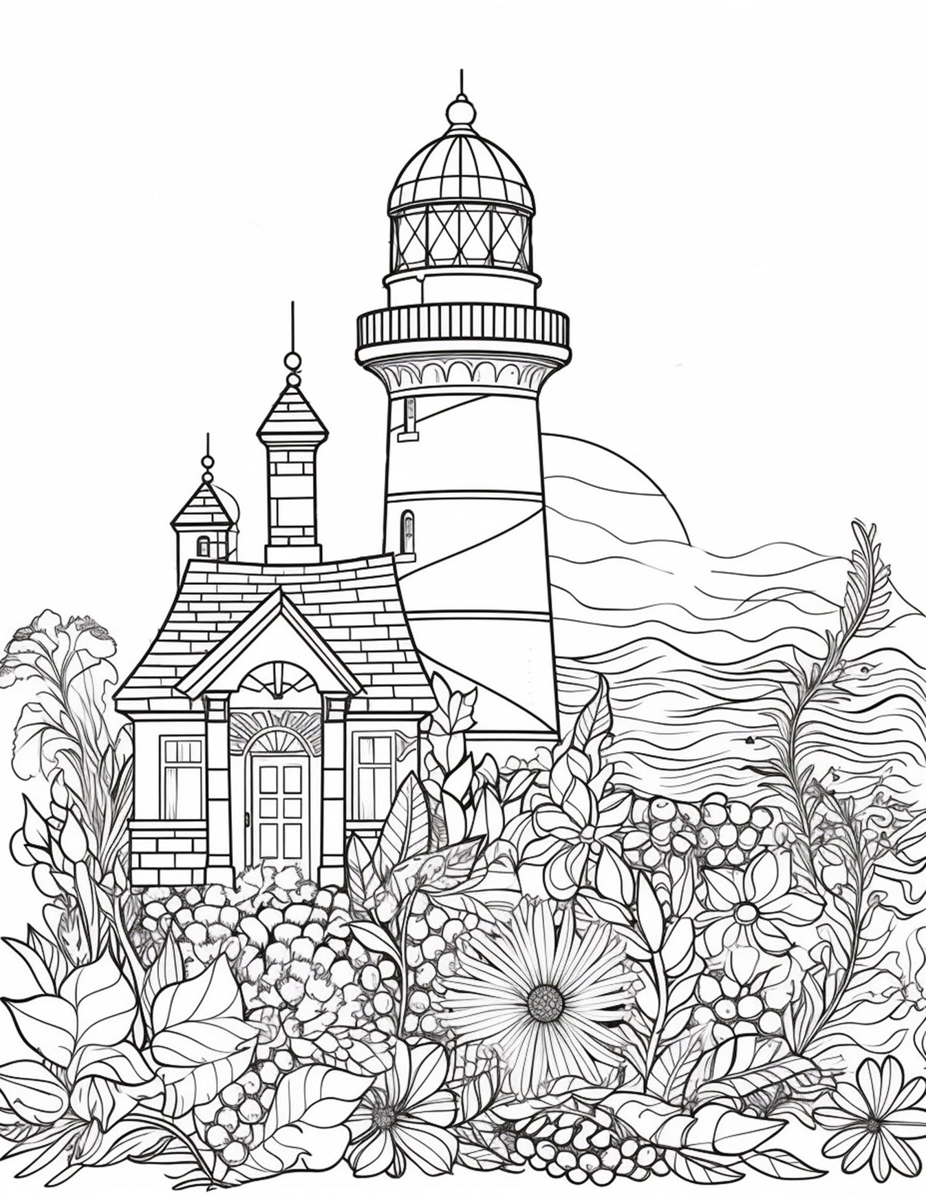 100 Printable Lighthouse Scene Coloring Pages for Adults, Printable PD