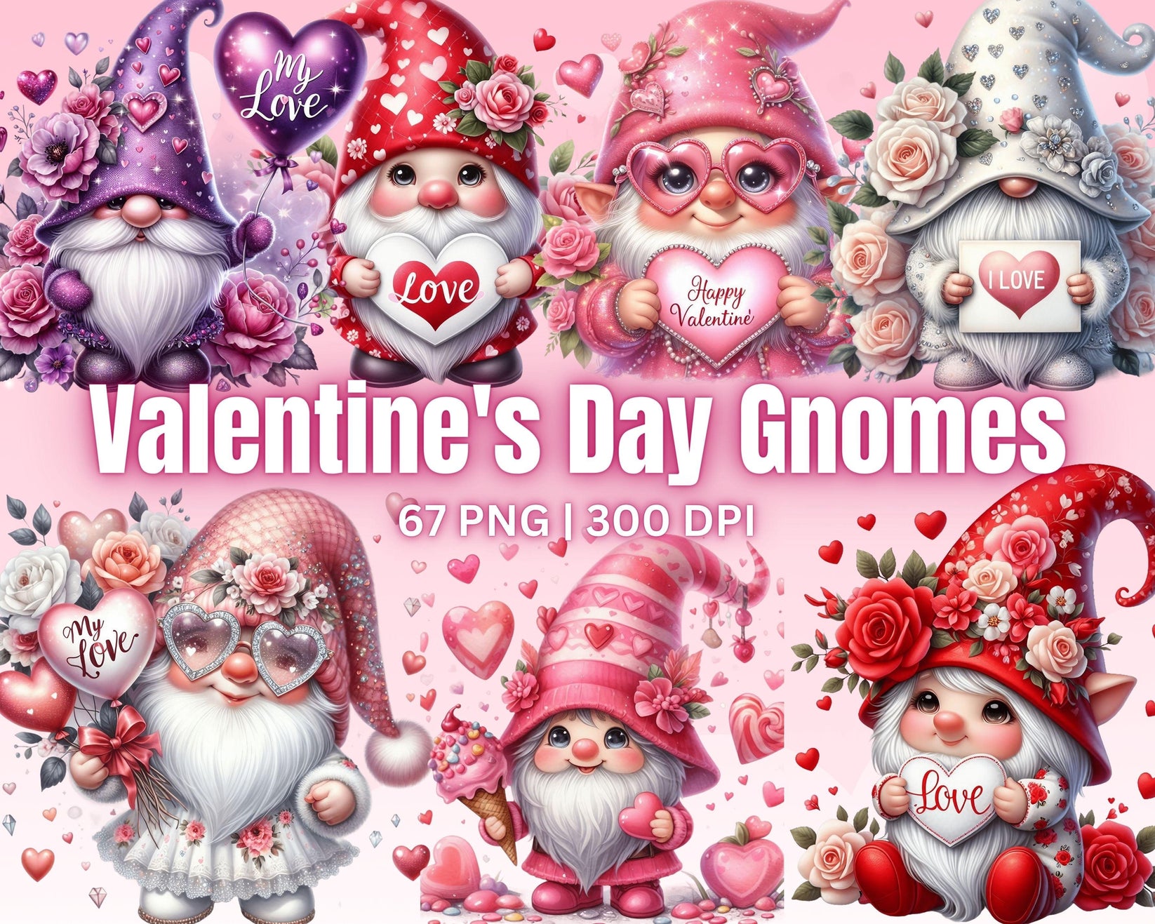 Charming Valentine's Day Gnomes Clip Art, 67 PNG High-Res Files for Co ...