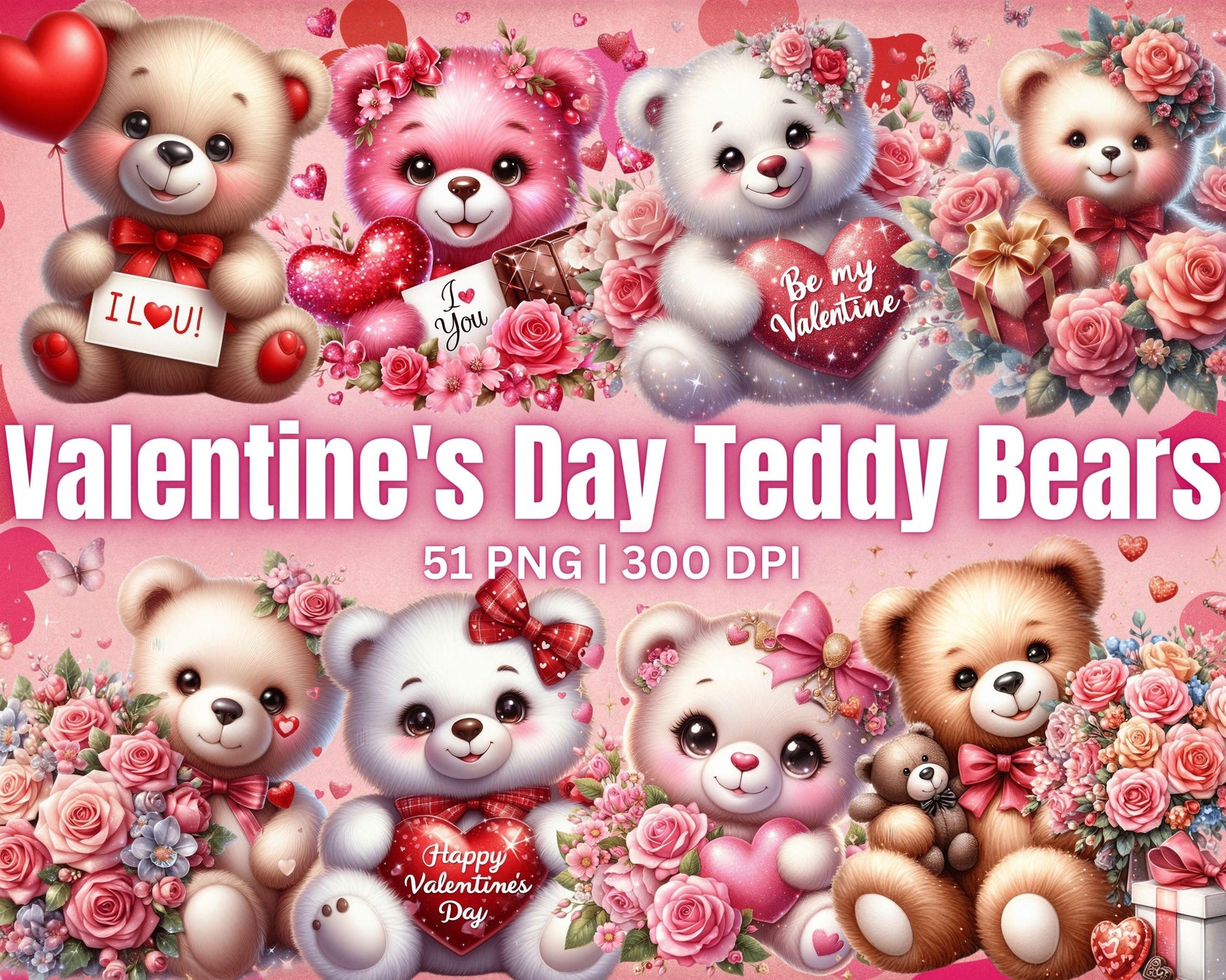 Adorable Valentine's Day Teddy Bears Clip Art, 51 PNG High-Res Files f ...