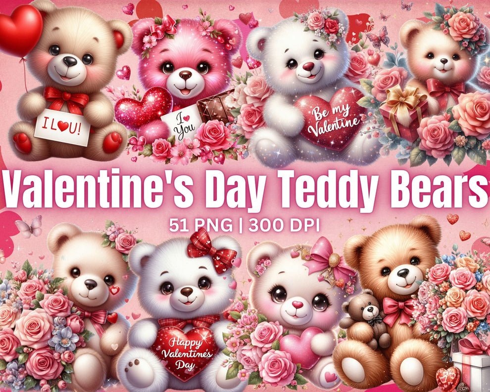 Adorable Valentine's Day Teddy Bears Clip Art, 51 PNG High-Res Files f ...