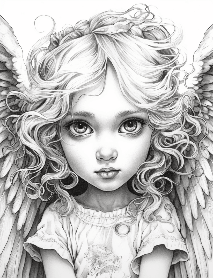 Free Angel Baby Grayscale Coloring Pages Printable for Adults Kids, PD