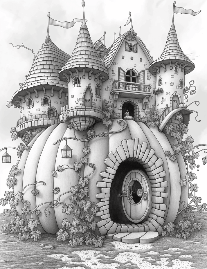 Free Giant Pumpkin Castle Grayscale Adult Coloring Pages, Printable PD ...