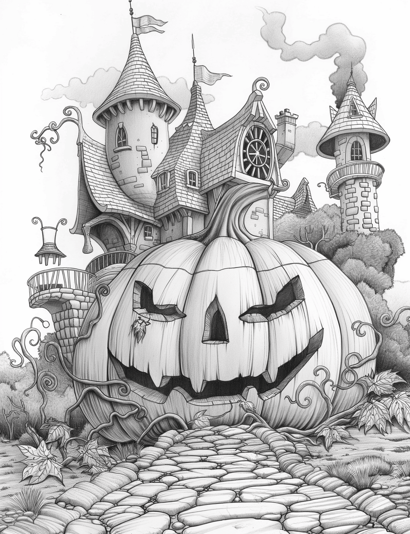 Free Giant Pumpkin Castle Grayscale Adult Coloring Pages, Printable PD ...