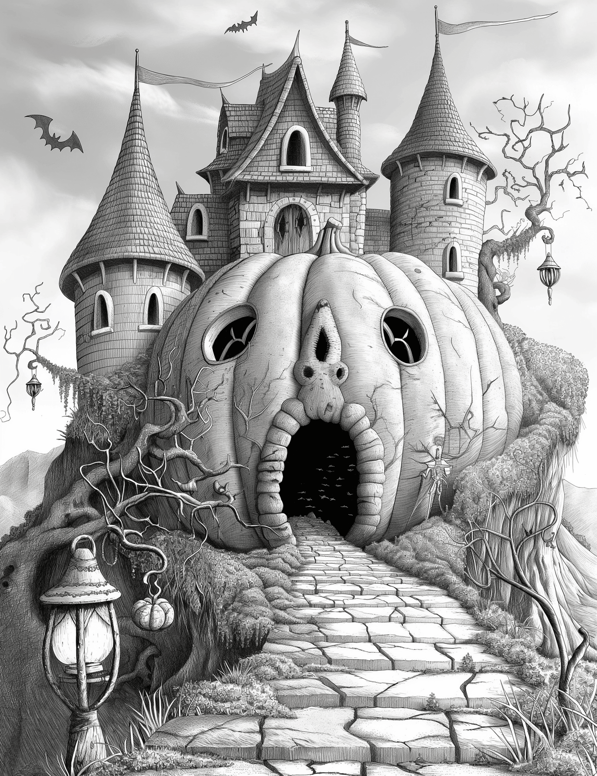 Free Giant Pumpkin Castle Grayscale Adult Coloring Pages, Printable PD ...