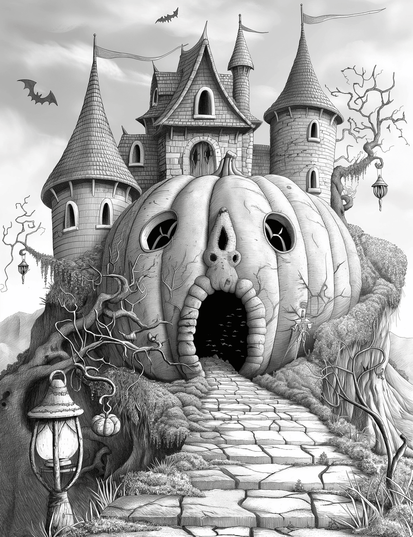Free Giant Pumpkin Castle Grayscale Adult Coloring Pages, Printable PD ...