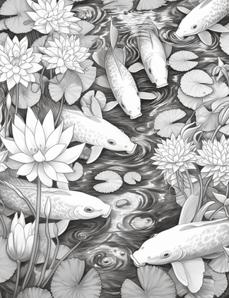 40 Tranquil Koi Pond Grayscale Adult Coloring Pages, Printable PDF Ins ...
