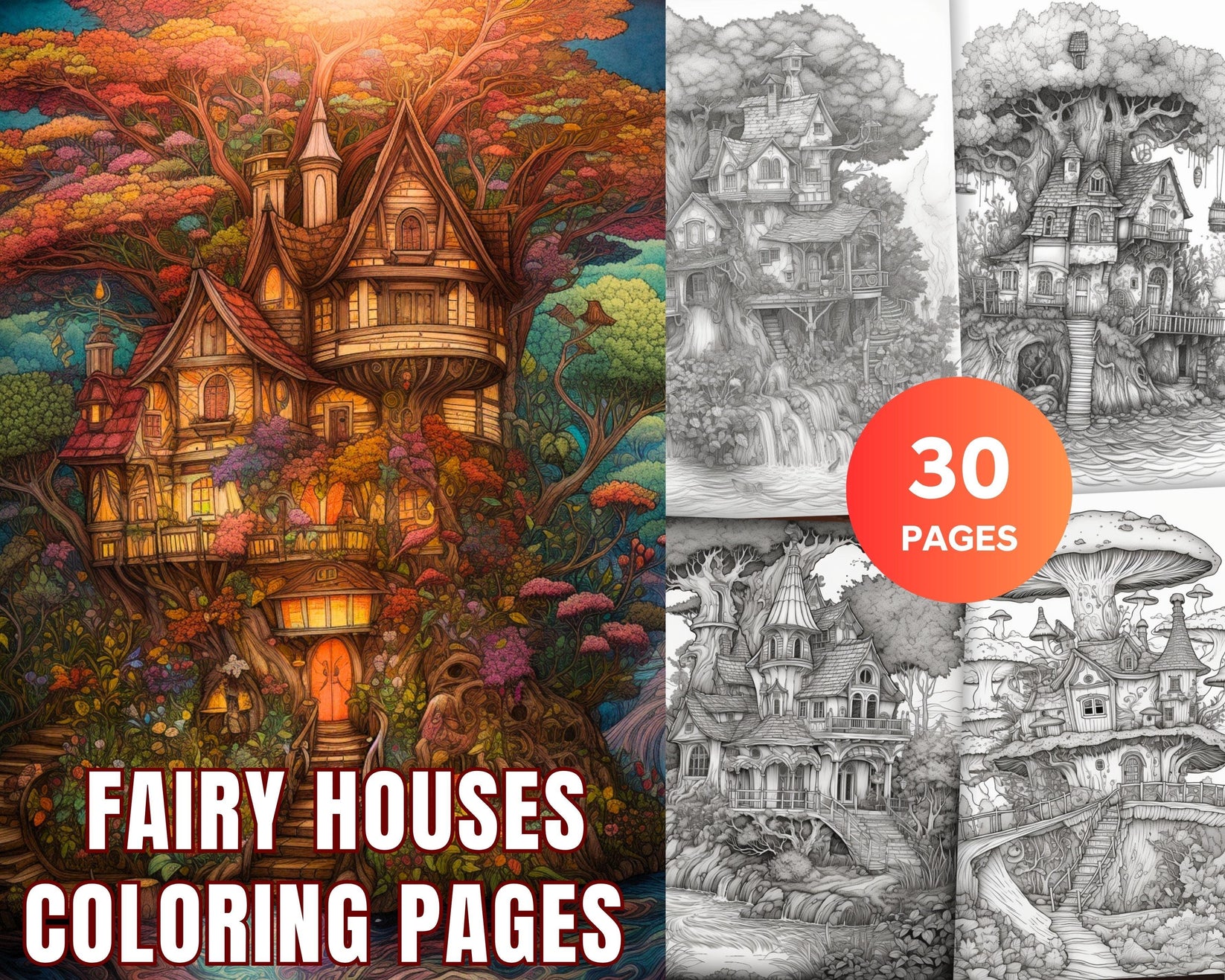 30 Fantasy Fairy Houses Coloring Page Book, Printable Adult Coloring P